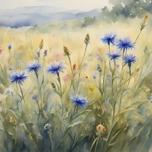 Wildflowers Watercolor Painting Meadow Art Print Cornflower Wall Art ...