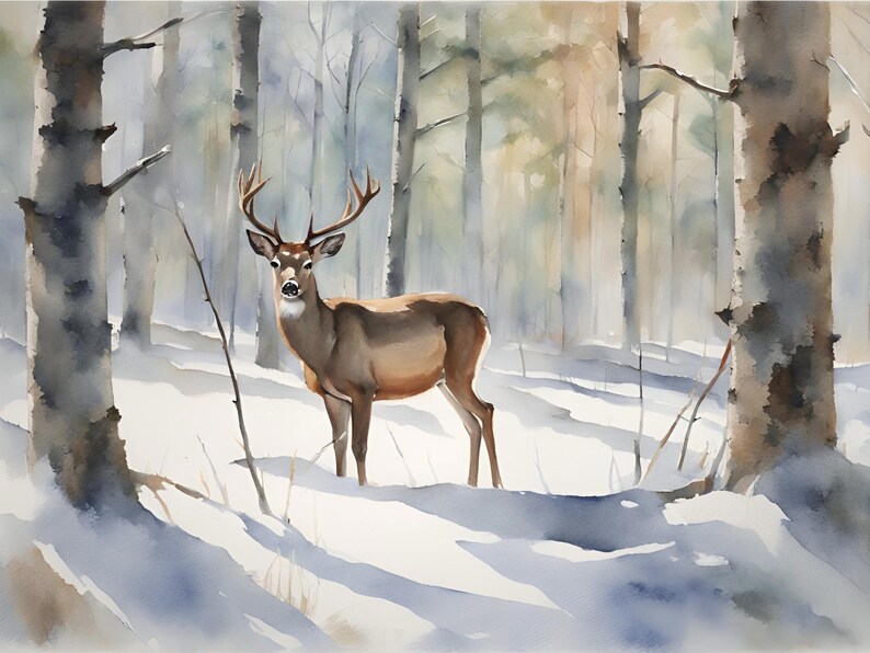 Winter Landscape Deer Print Snowy Birch Forest Colorado Watercolor ...