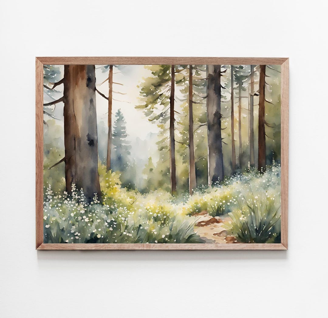 Forest Road Print Spring Flowers Painting Watercolor Landscape Pine ...