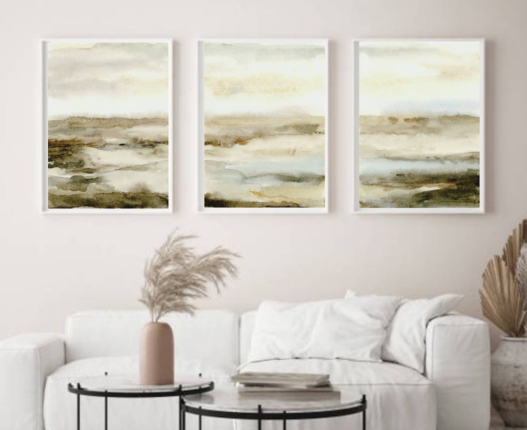Wall Art Set of 3 Beige Abstract Prints Neutral Panoramic - Etsy