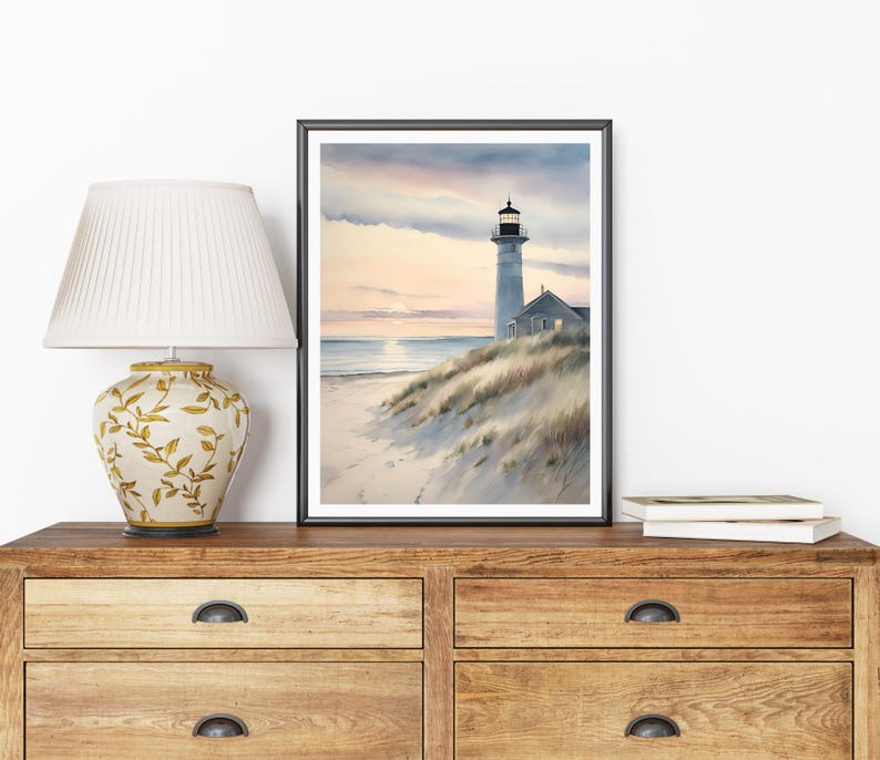 Cape Cod Lighthouse Painting Sunrise Beach Art Print Watercolor Seaside ...
