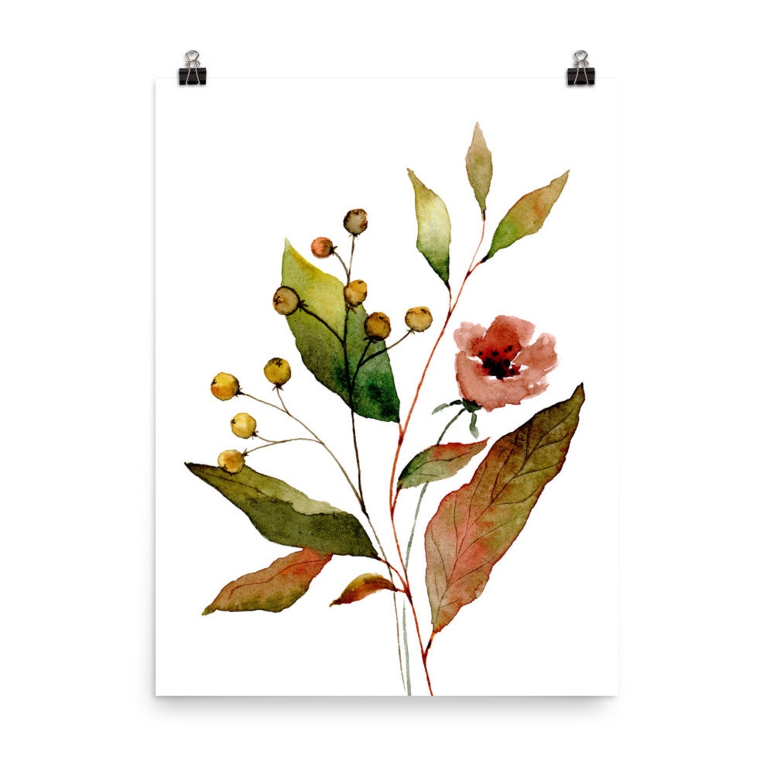 Large Floral Wall Art Red Green Flowers and Leaves Watercolor - Etsy