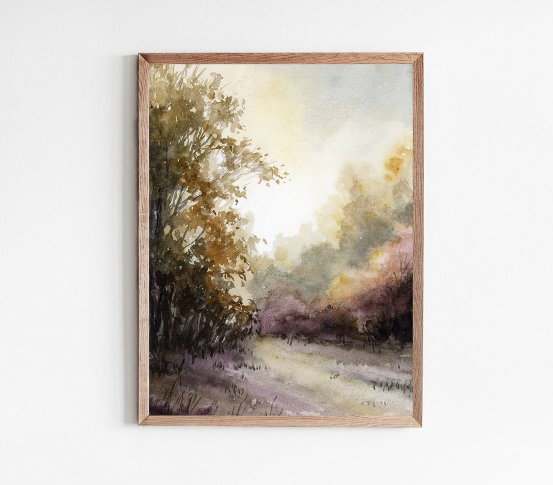 Fall Landscape Autumn Tree Wall Art Watercolor Painting Print Fall Art ...