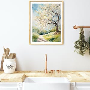 Spring Tree Blossom Watercolor Print Field Road Landscape Painting ...