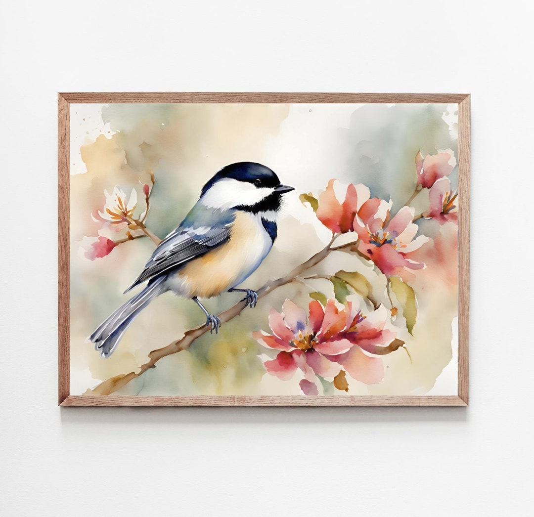Chickadee Painting Sakura Cherry Tree Print Watercolor Art Print Cherry ...