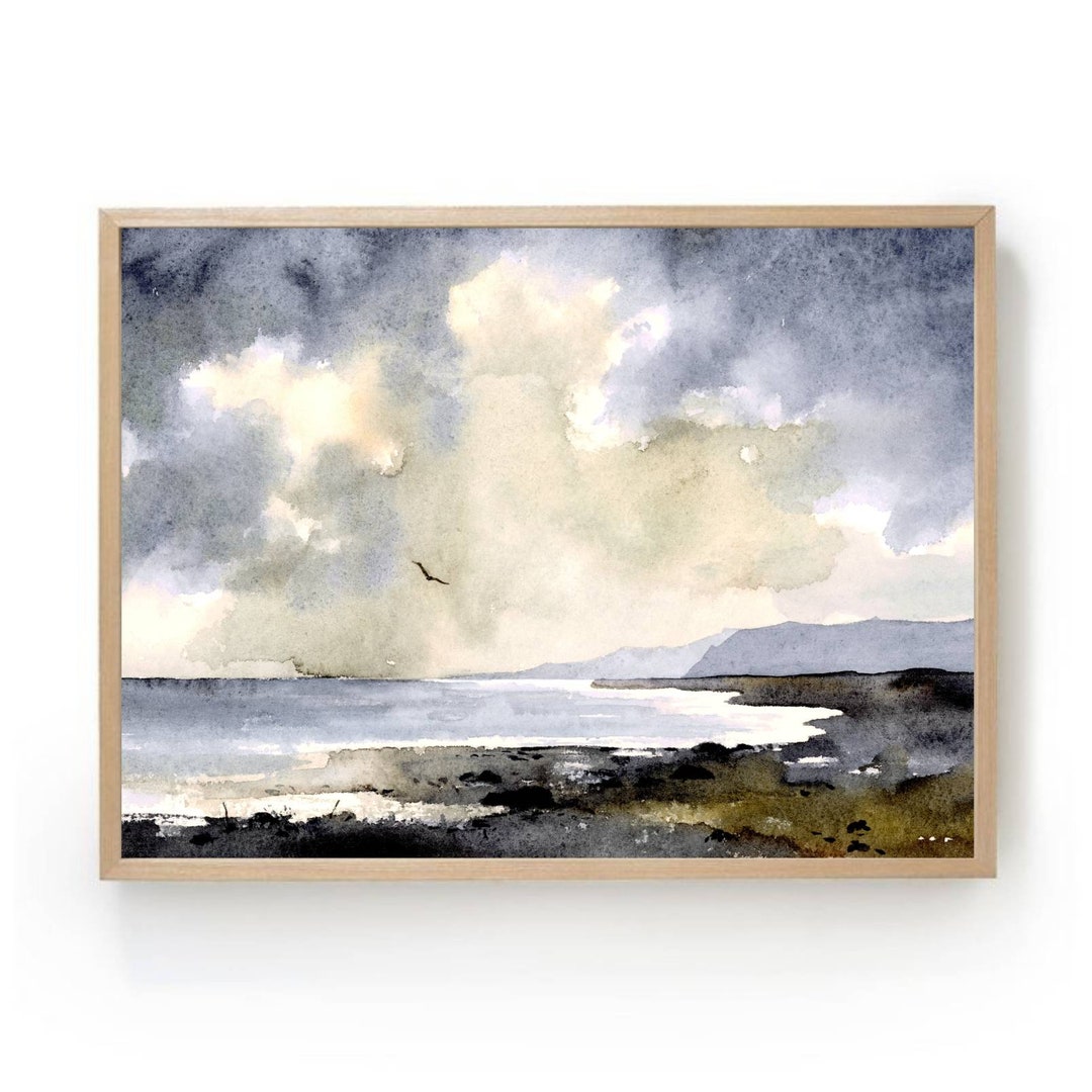 Navy Blue Sea Painting Thunder Cloud Wall Art Seascape Watercolor ...