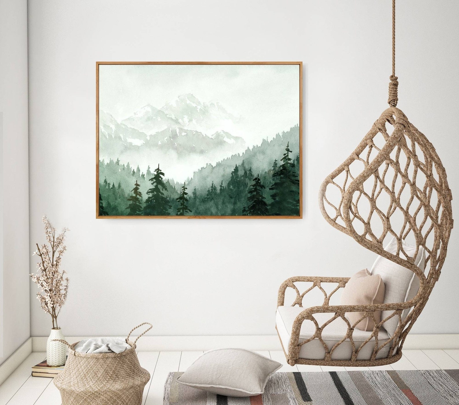 Foggy Mountains Watercolor Painting Large Panoramic Landscape - Etsy