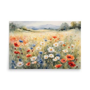 Wildflowers Painting Poppy Daisy Meadow Wall Art Flower Landscape ...