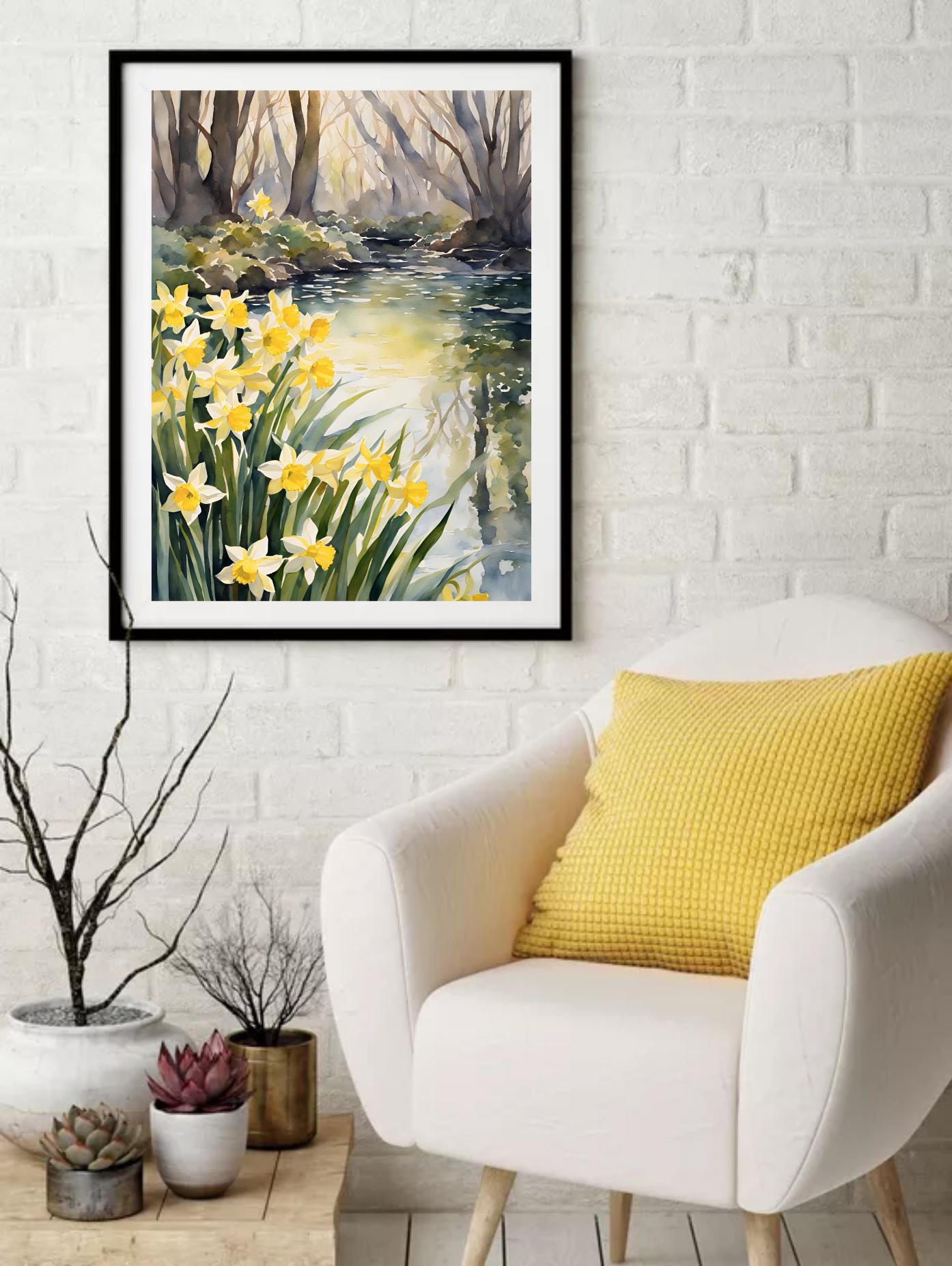 Spring Forest Painting Daffodils Art Print Watercolor Landscape Spring ...