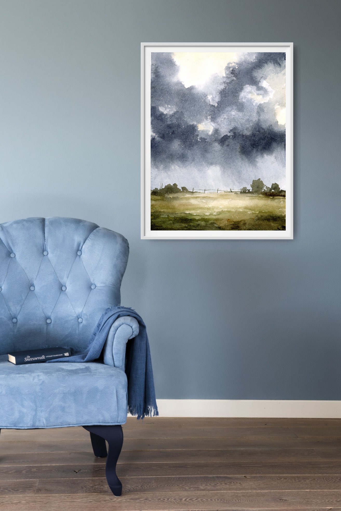 Rainy Day Field Wall Art Indigo Blue Cloud Painting Countryside ...