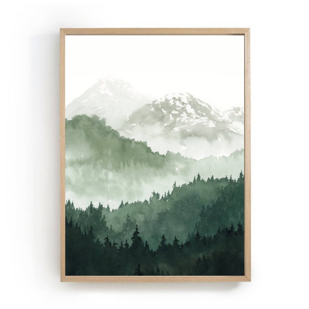 Pine Forest Watercolor Painting Mountain Wall Art Large Neutral ...