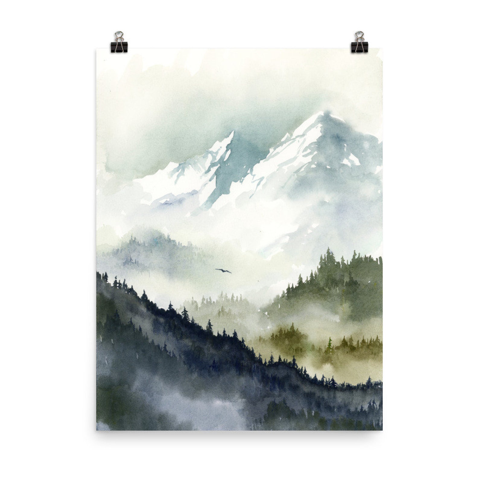 Foggy Mountains Art Print Teal Forest Landscape Painting Large - Etsy
