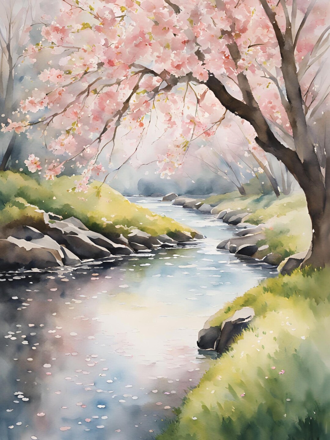Cherry Blossom Painting Spring Tree Art Print Spring River Watercolor ...