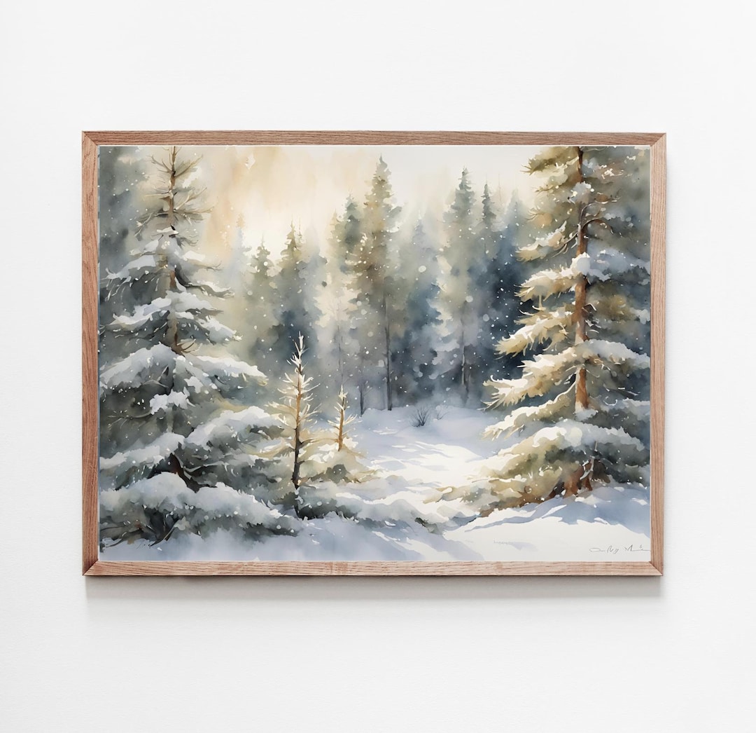 Sunrise Winter Forest Painting Snow Scene Watercolor Snowy Pine Tree ...