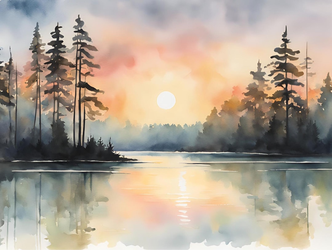 Sunset Lake Painting Forest Lake Wall Art Abstract Watercolor Landscape ...