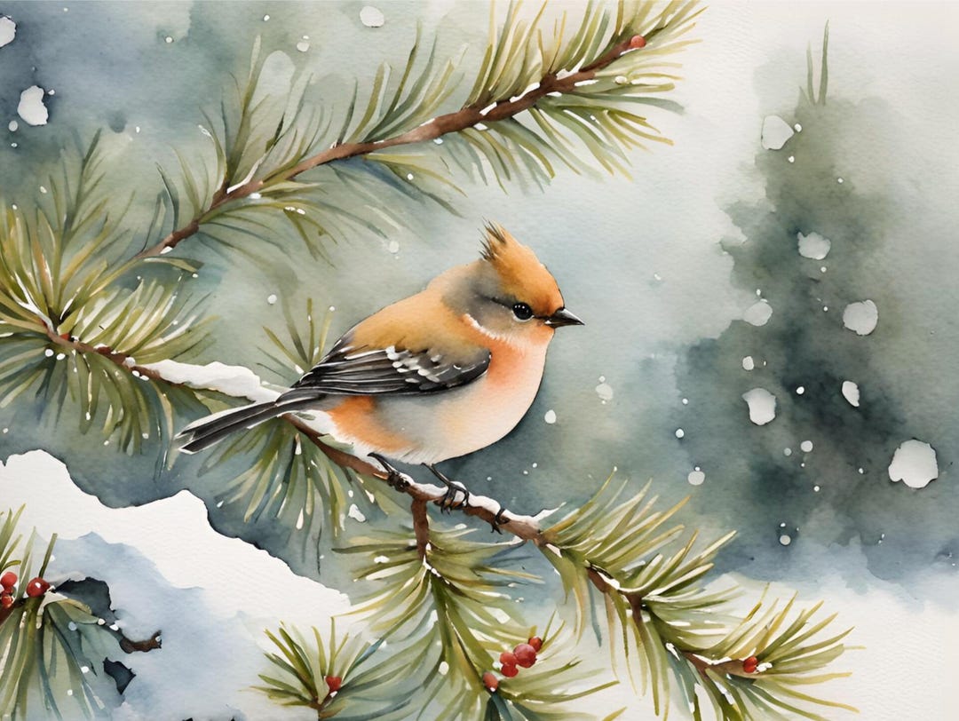 Winter Bird Painting Snow Pine Tree Art Print Snowy Scene Landscape ...