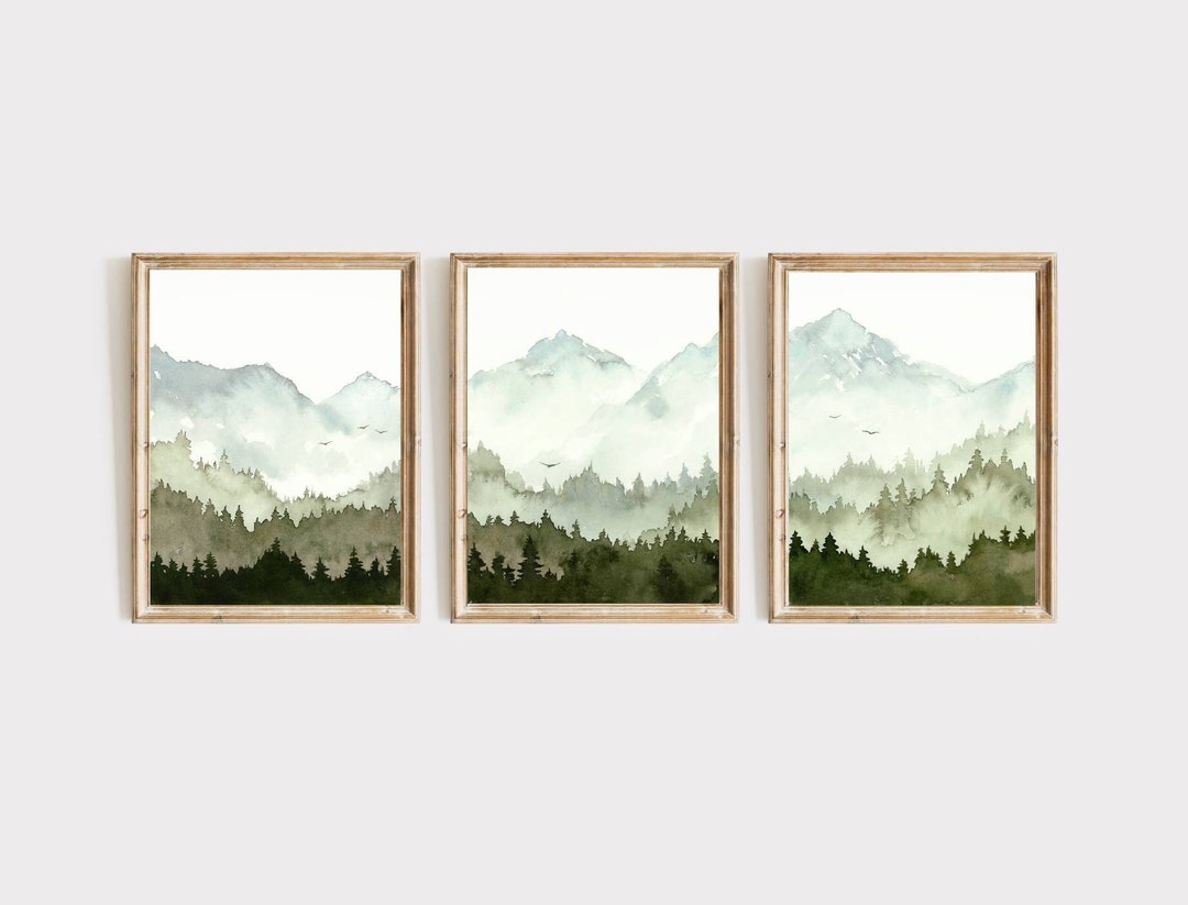 Mountain Forest Watercolor Set of Three Prints Extra Large Wall Art ...