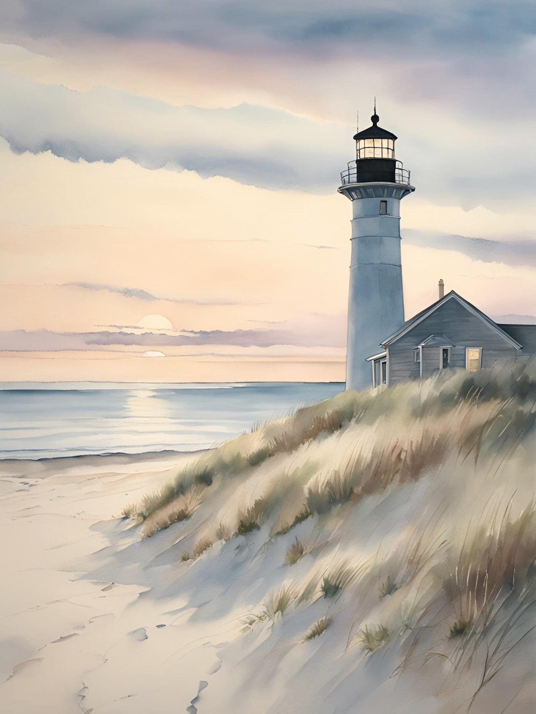 Cape Cod Lighthouse Painting Sunrise Beach Art Print Watercolor Seaside ...