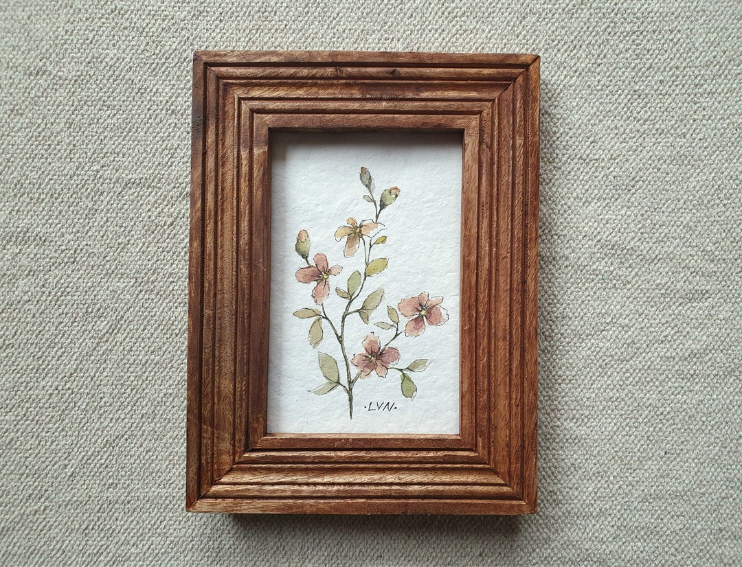 Tiny Flower Painting Framed Watercolor Miniature Landscape Pink Floral ...