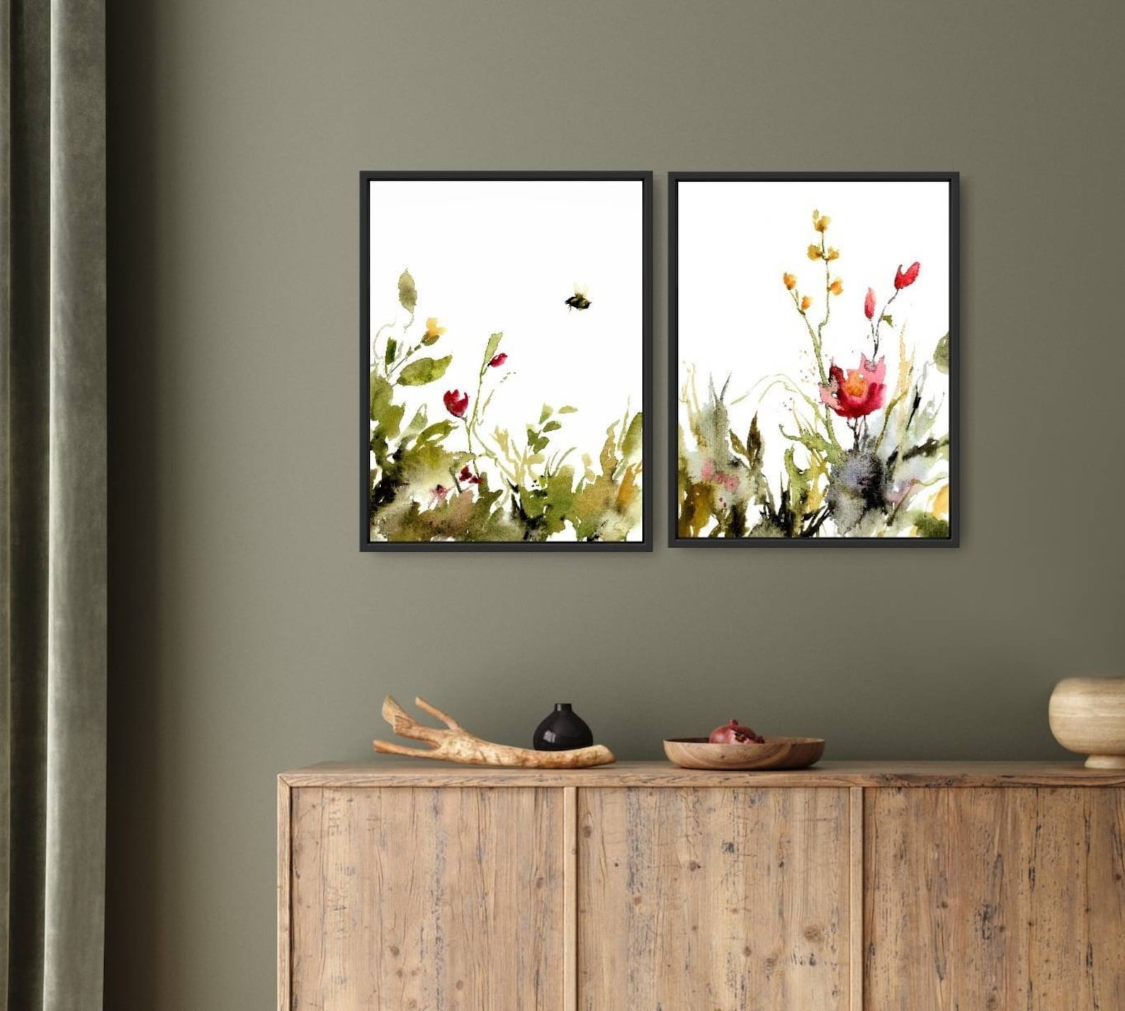 Large Floral Wall Art Set of 2 Wildflowers Watercolor Painting Flower ...
