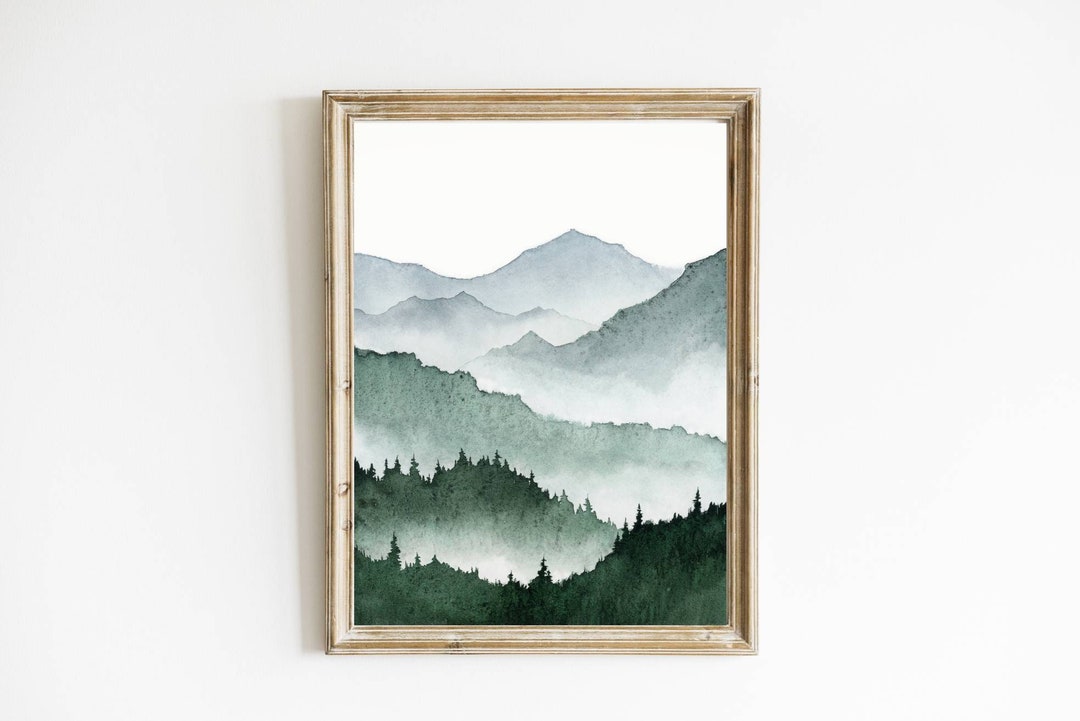 Mountain Landscape Watercolor Painting Pine Forest Art Print Foggy ...