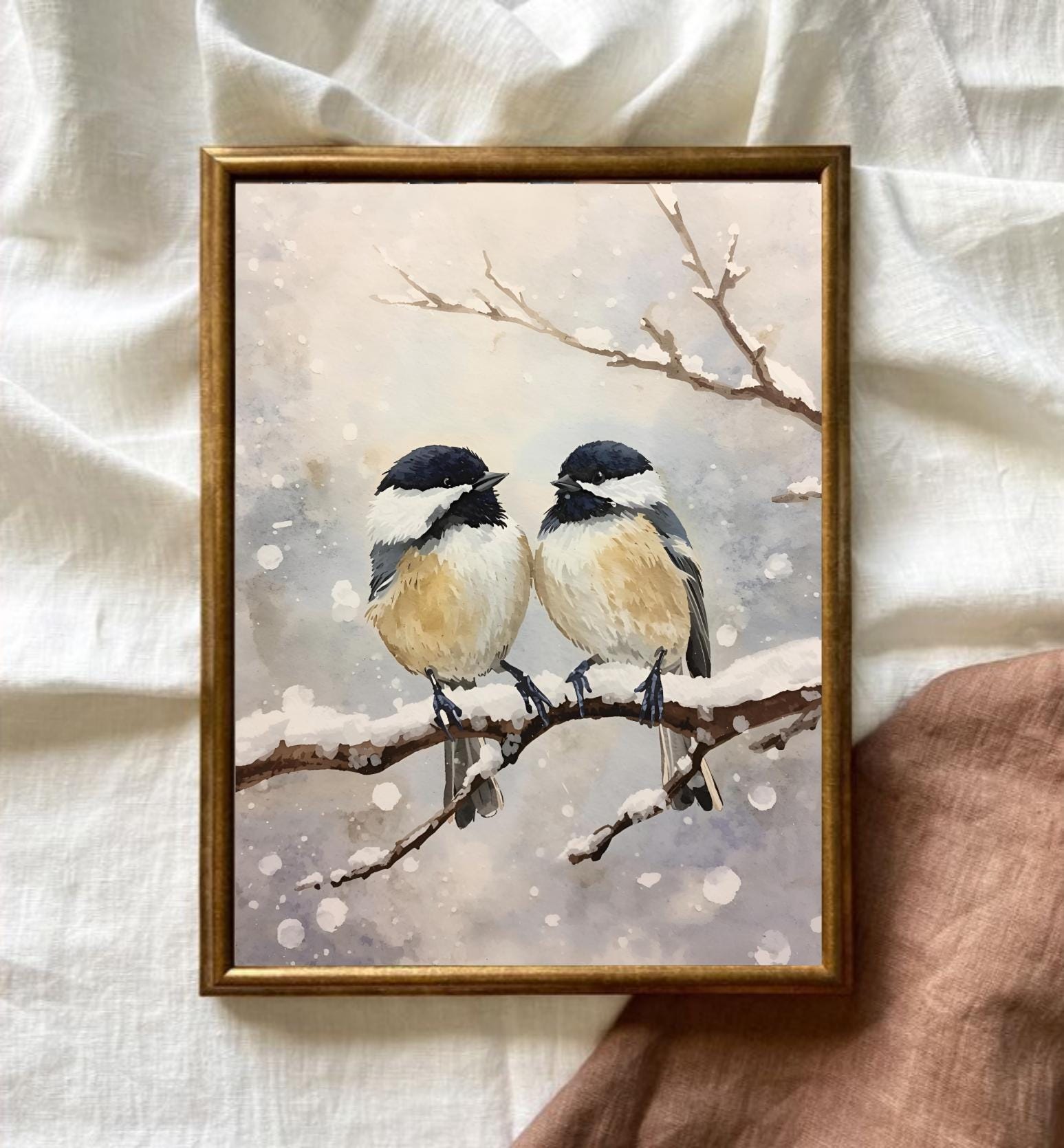Chickadee Birds Painting Snow Scene Landscape Bird Couple Watercolor ...