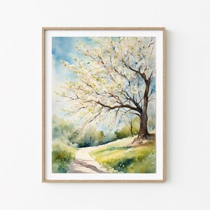 Spring Tree Blossom Watercolor Print Field Road Landscape Painting ...