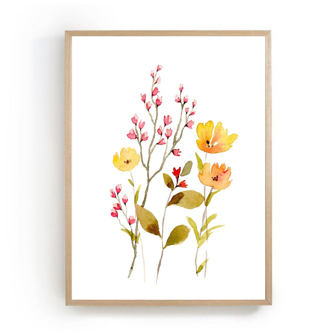 Wildflowers Poster Field Flowers Watercolor Painting Pink Orange ...