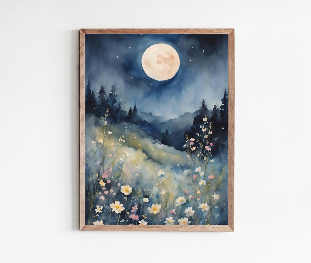 Full Moon Wildflowers Painting Night Landscape Flower Field Watercolor ...