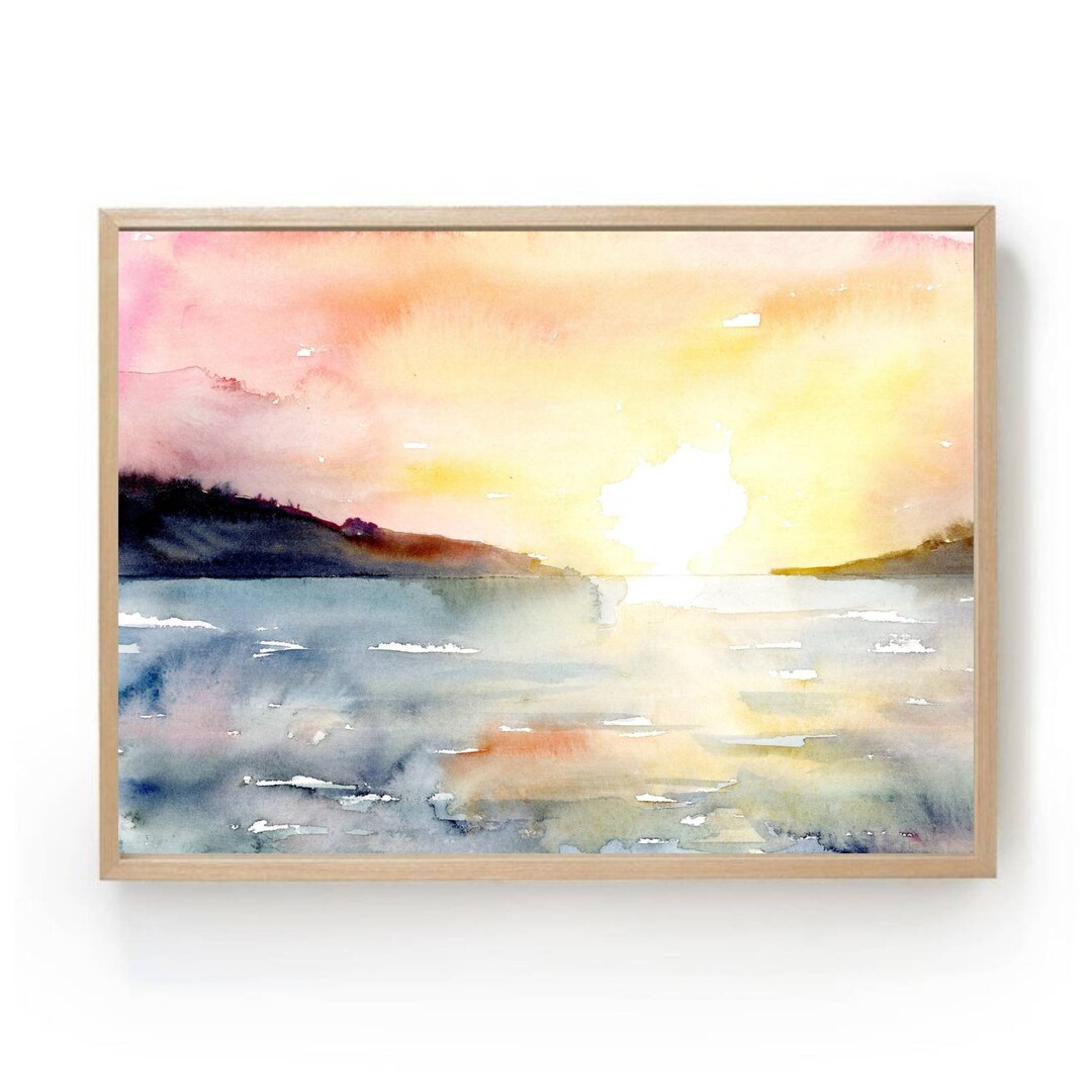 Sunset Ocean Art Print Abstract Watercolor Landscape Large Coastal Art ...