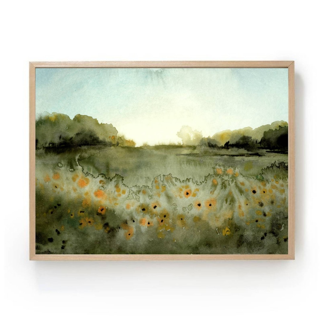 Sunrise Meadow Watercolor Painting Neutral Landscape Print Large Wall ...