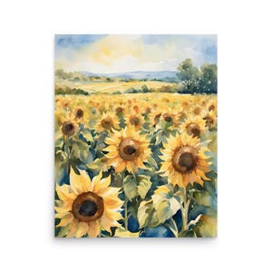 Sunflower Field Print Summer Fields Painting Watercolor Landscape Large ...