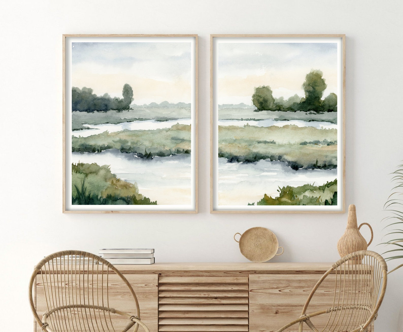 Marsh Watercolor Painting Wall Art Set of 2 Art Prints Landscape Low ...