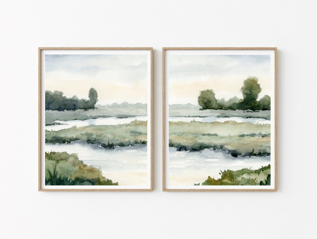 Marsh Watercolor Painting Wall Art Set of 2 Art Prints Landscape Low ...