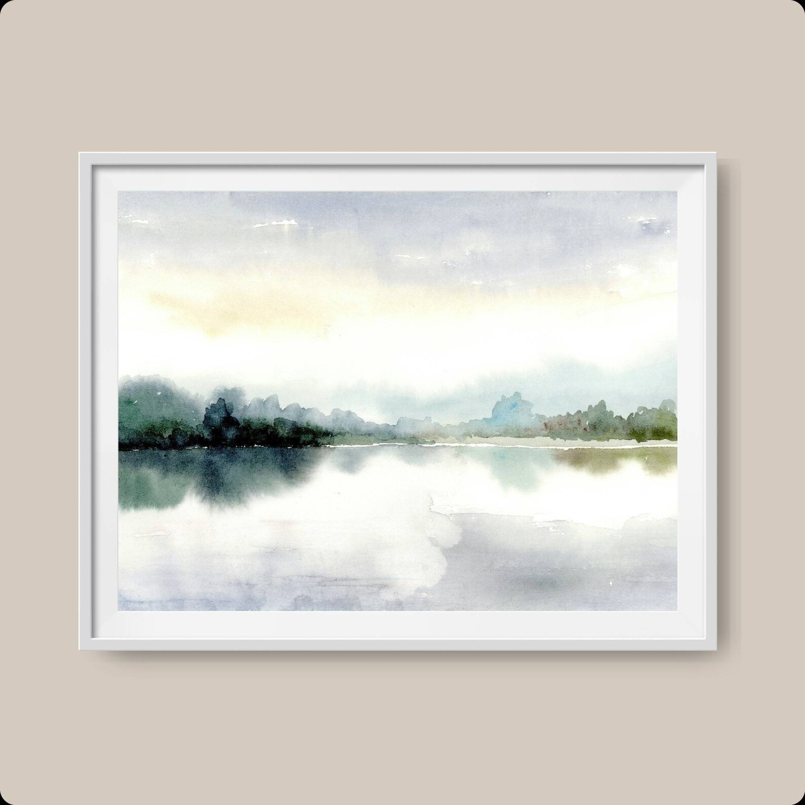 Watercolor Light Blue Landscape Art Print Misty Lake Art Work Neutral ...