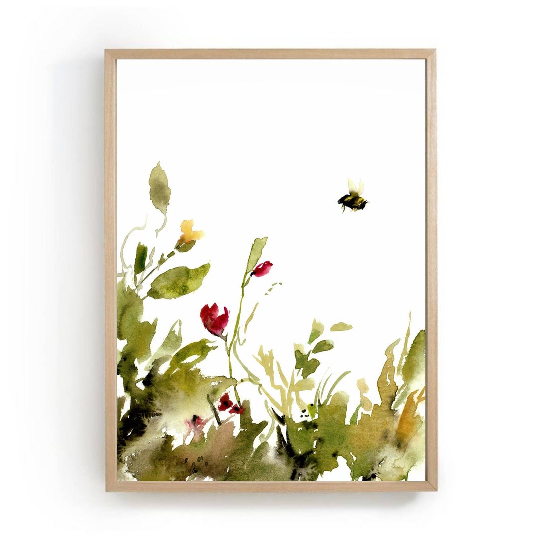 Wildflowers Poster Watercolor Painting Bee Field Flowers Abstract ...