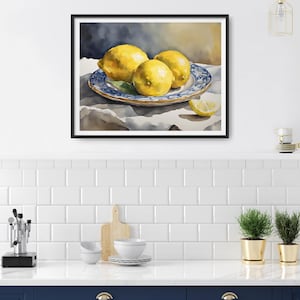 Lemon Painting Farmhouse Kitchen Art Print Lemon Plate Still Life ...