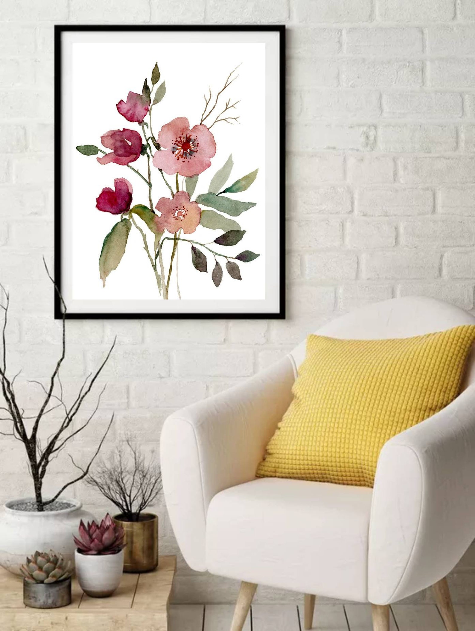 Large Floral Wall Art Set of 2 Wildflowers Watercolor Painting Pink ...