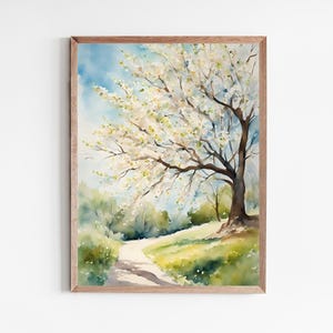 Spring Tree Blossom Watercolor Print Field Road Landscape Painting ...