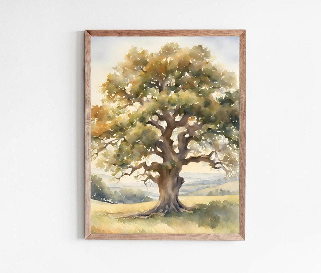 Oak Tree Print Watercolor Landscape Large Neutral Wall Art Landscape ...
