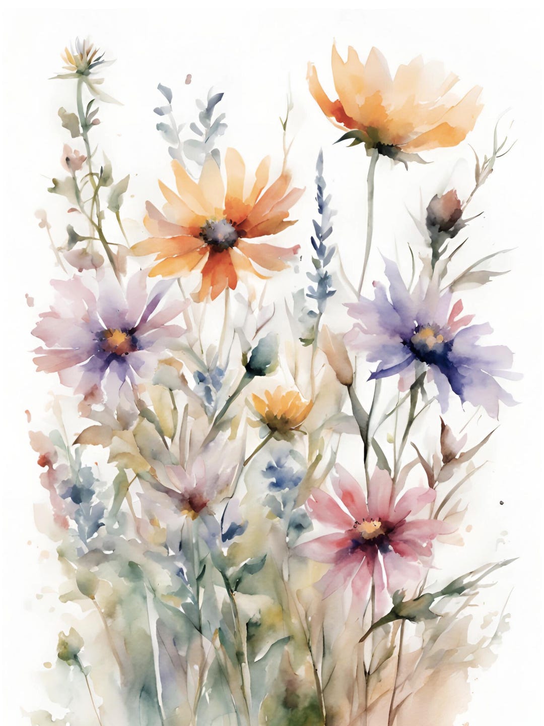 Wildflowers Painting Spring Meadow Art Print Watercolor Landscape Field ...