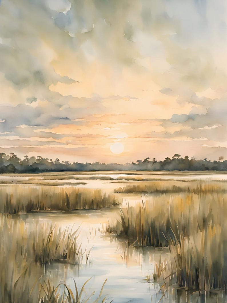 Marsh Sunset Painting Lowcountry Watercolor Landscape Art Print Salt ...