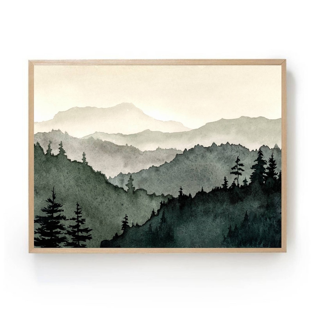 Mountain Painting Minimalist Wall Art Panoramic Landscape Watercolor ...