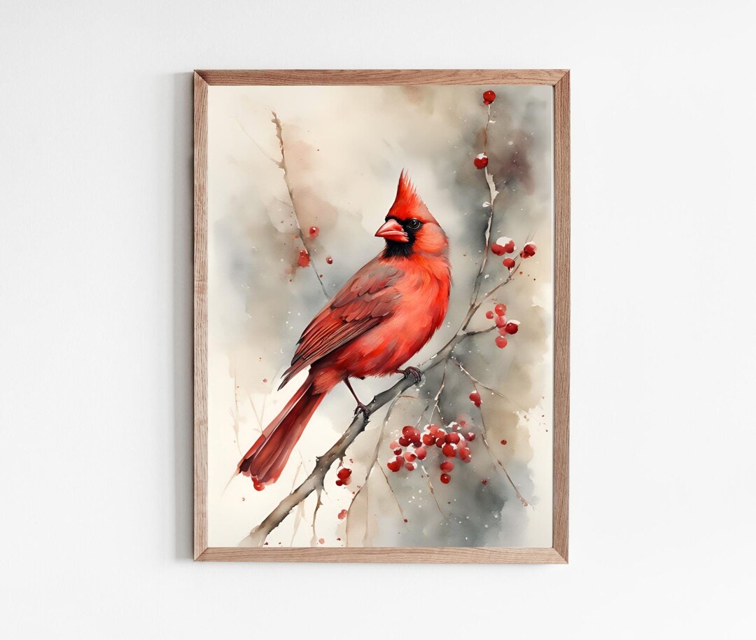 Red Cardinal Painting Bird Print Berry Tree Branch Watercolor Print ...