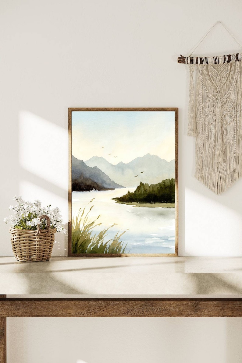 Mountain Lake Print Watercolor Painting Light Blue Wall Art Neutral ...