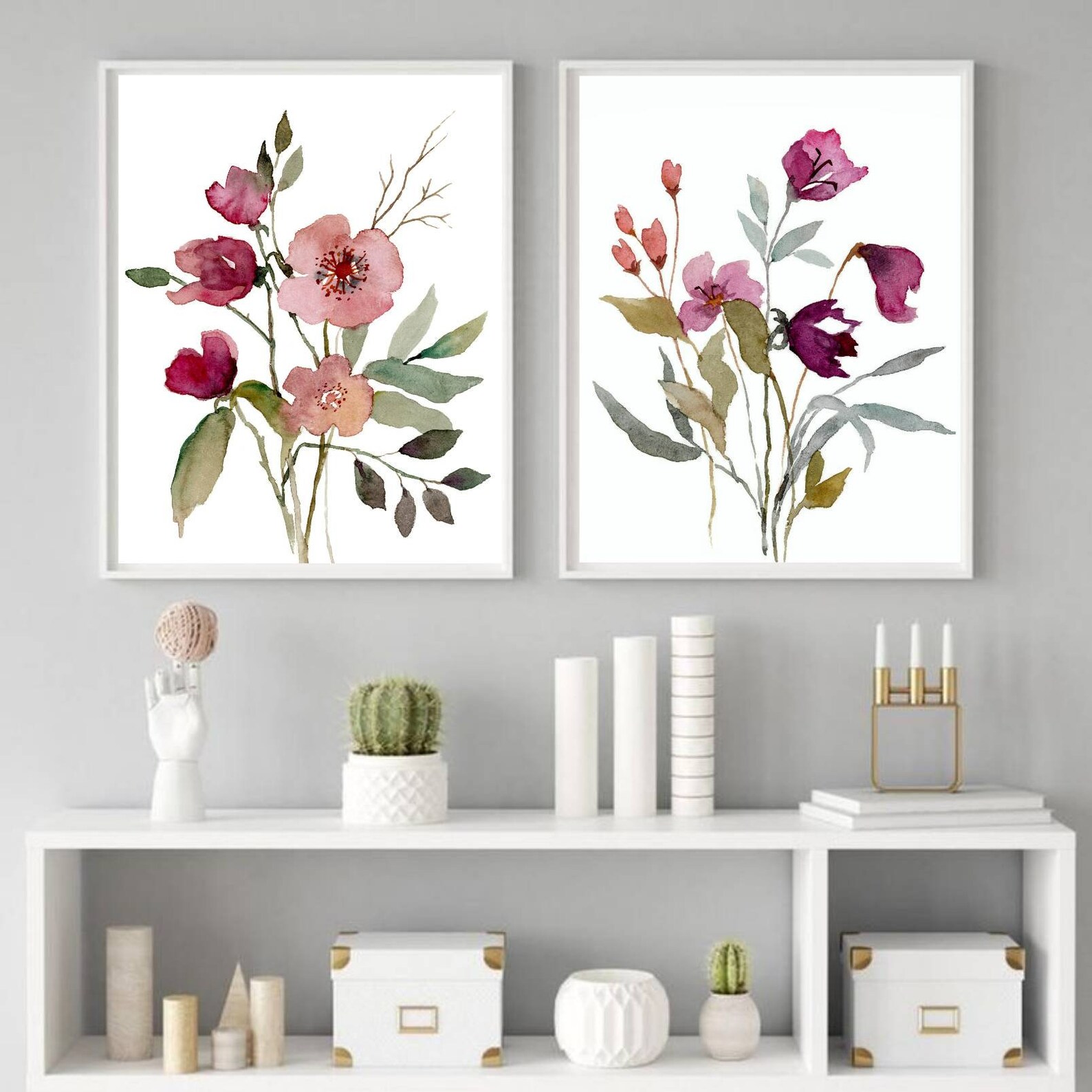 Large Floral Wall Art Set of 2 Wildflowers Watercolor Painting Pink ...