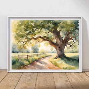 Oak Tree Field Road Painting Large Old Oak Tree Watercolor Landscape ...