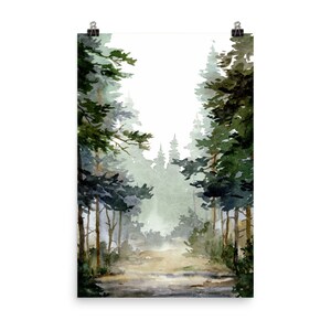 Forest Road Watercolor Painting Pine Tree Art Prints Forest Walk Wall ...