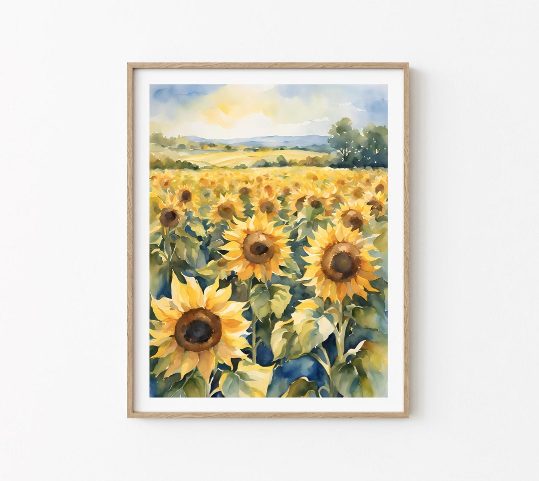 Sunflower Field Print Summer Fields Painting Watercolor Landscape Large ...