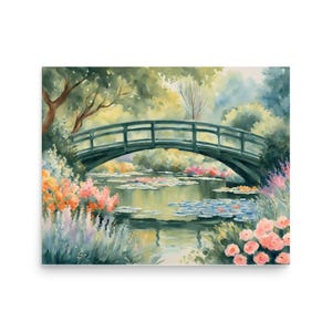 Monet Garden Print Bridge Over a Pond of Water Lilies Watercolor ...
